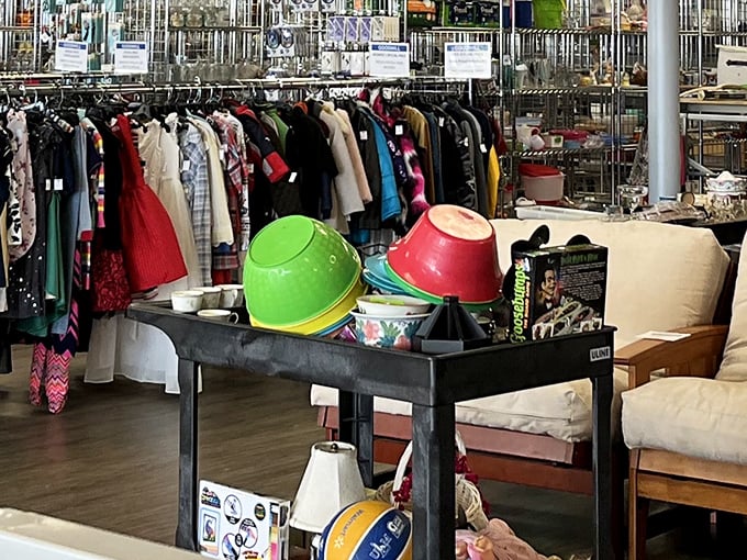 A still life of plastic bowls and forgotten furniture—the modern equivalent of a Renaissance painting titled "Tuesday's Donations."