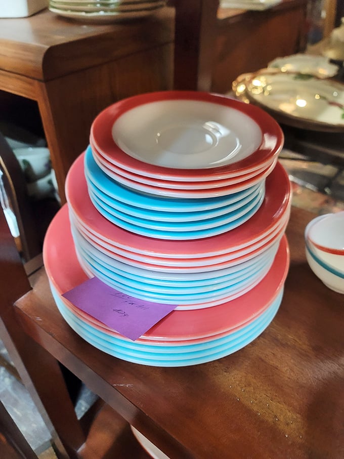 These coral and turquoise plates aren't just dinnerware—they're a mid-century color explosion waiting to brighten your table and your Instagram feed.