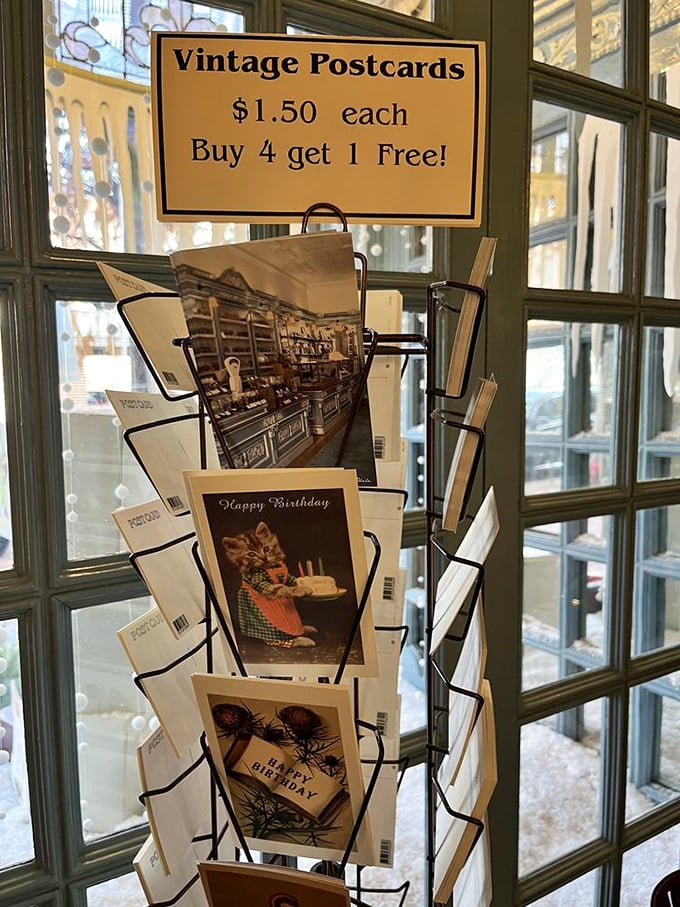 Vintage postcards spinning on their rack—paper time machines selling for less than a cup of coffee, offering glimpses of Shane's storied past and birthday wishes from another era.