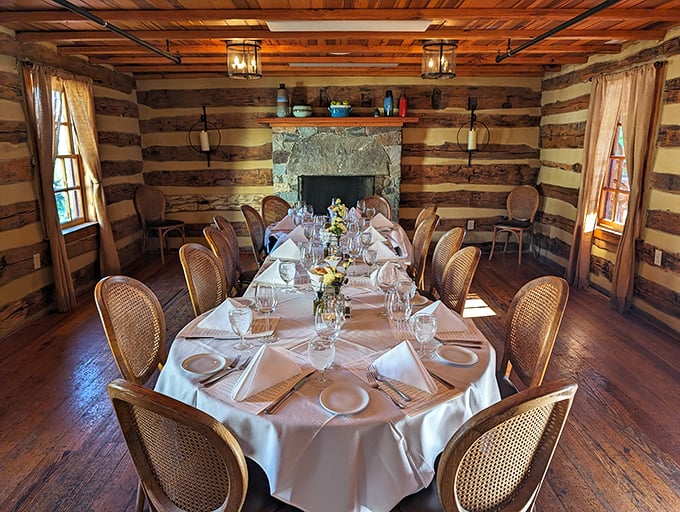 This private dining room in a log cabin setting isn't just a space – it's a time portal where modern cuisine meets historic charm.