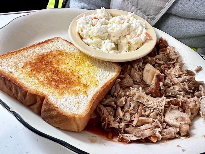 Pulled pork with potato salad and toast—no smoke and mirrors here, just honest barbecue that lets quality ingredients and time-honored technique do the talking.