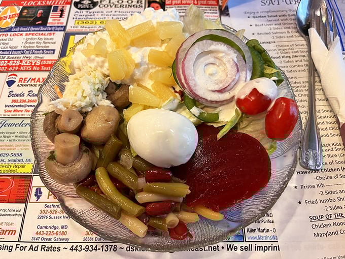 A salad plate that proves healthy eating doesn't have to be punishment. This colorful arrangement might actually make you forget about the pie counter.