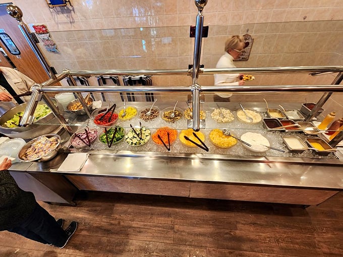 The salad bar offers a rainbow of fresh toppings—because sometimes you need to balance your prime rib with something green.