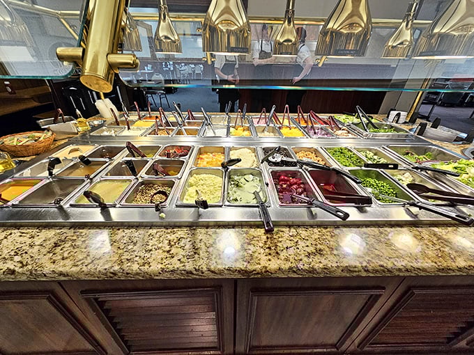 The salad bar offers a rainbow of fresh ingredients—nature's apology for all the desserts you're about to enjoy afterward.