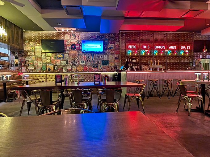 Evening at Burgermeister transforms the space into a moody haven of red and blue lights—dinner and a light show included.