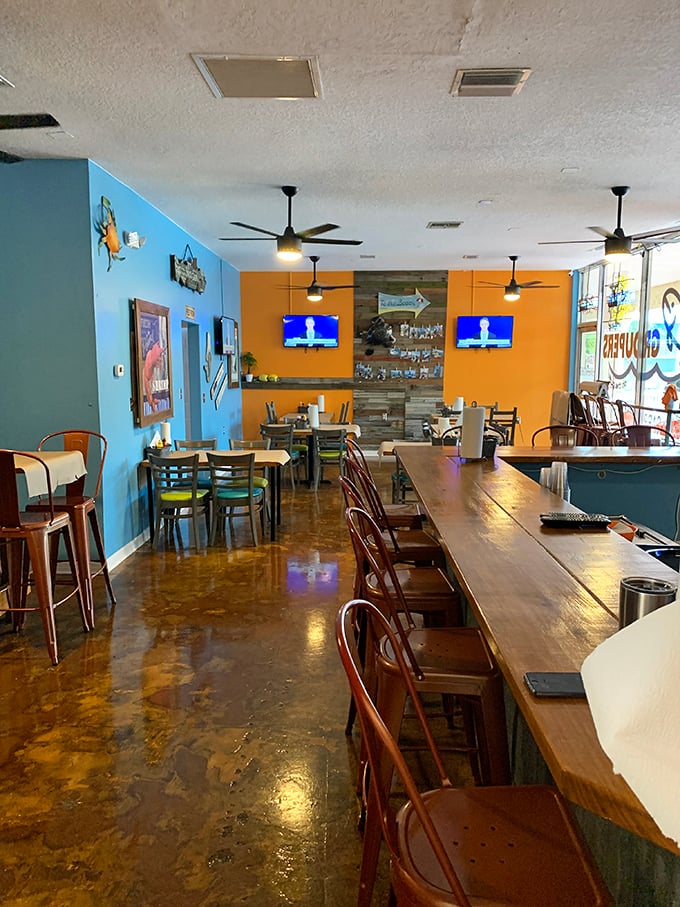The dining room's polished concrete floors and casual seating say, "Stay awhile, order another round, and forget you have anywhere else to be."