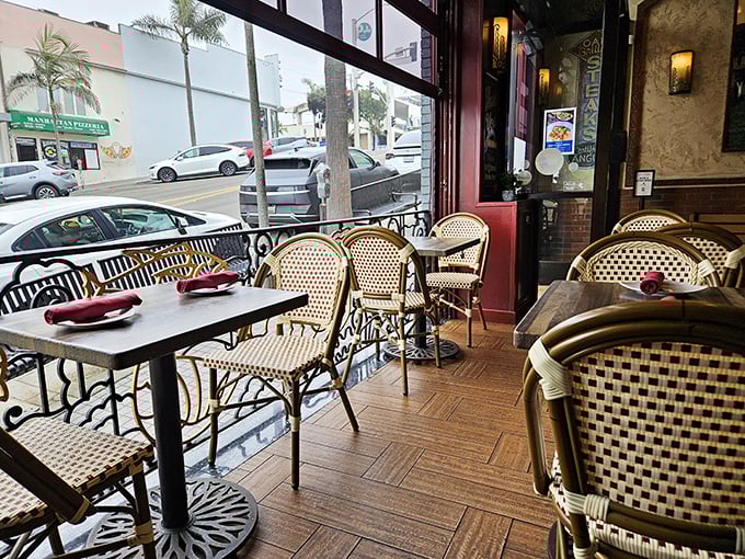 The bistro-style seating area offers front-row seats to Manhattan Beach life passing by, with the bonus of incredible food at your table.