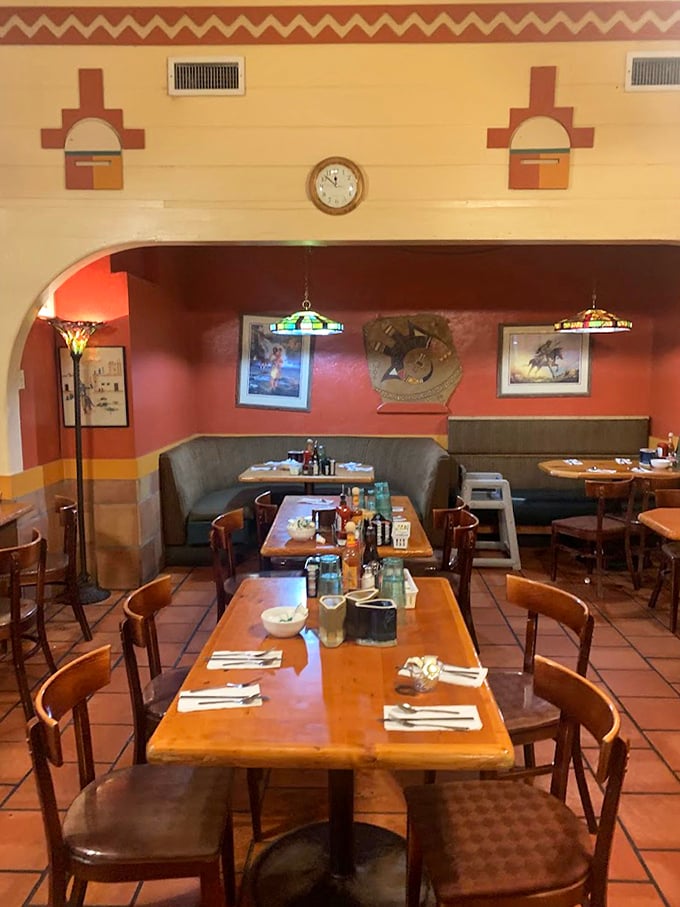 Terra cotta tiles and adobe-inspired arches - dining in the warm embrace of authentic Southwestern architecture and morning light.