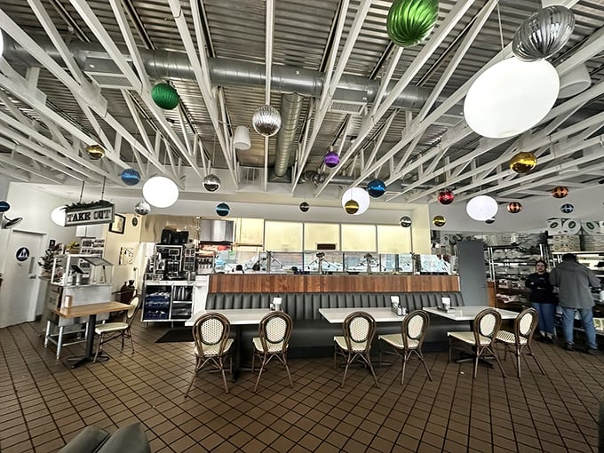 Woven bistro chairs add a touch of European café charm to this classic American diner experience—the breakfast equivalent of diplomatic relations.