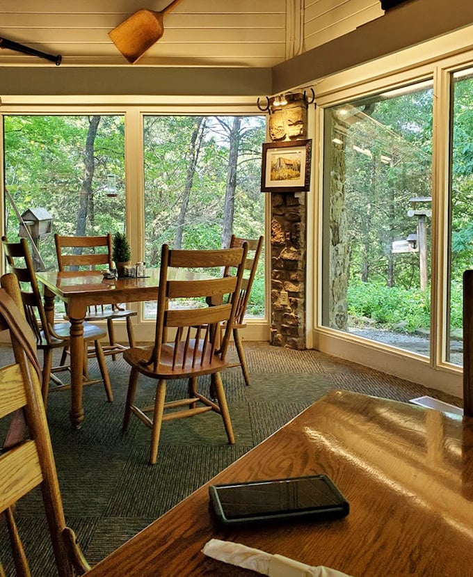 Floor-to-ceiling windows bring the Ozark forest right to your table. Nature's dining room with the comfort of air conditioning.