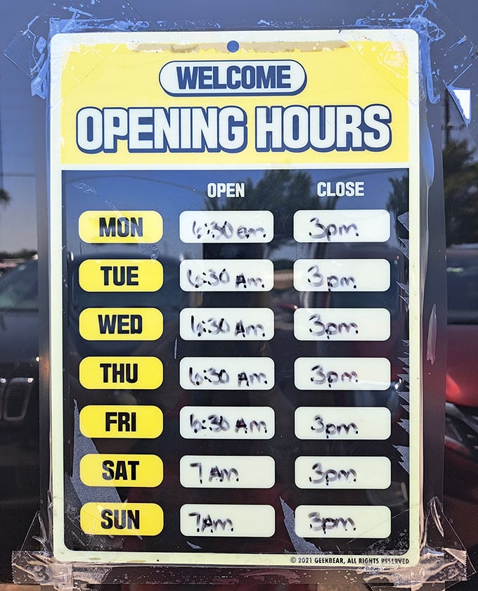 These aren't just business hours—they're windows of opportunity for experiencing breakfast nirvana. Note how they open early because good things can't wait.