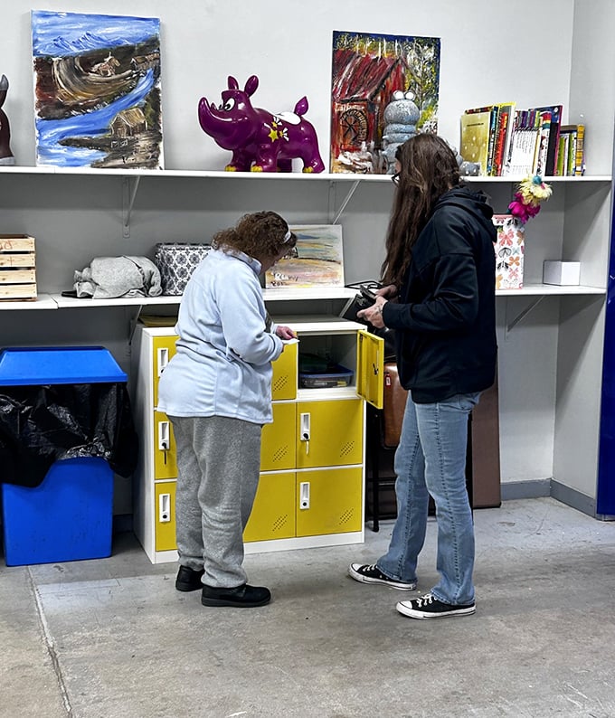 Every treasure hunt needs careful consideration—that yellow locker might be perfect for mudroom storage or vintage-industrial office decor.