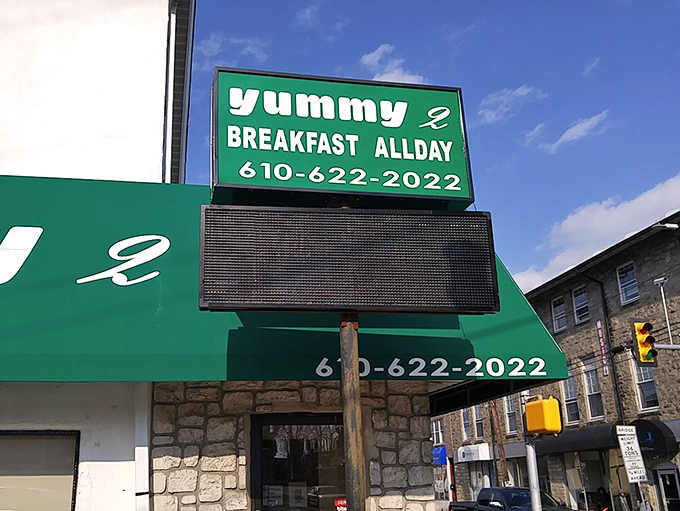 That sign doesn't whisper – it announces breakfast all day loud enough for the entire neighborhood to hear.