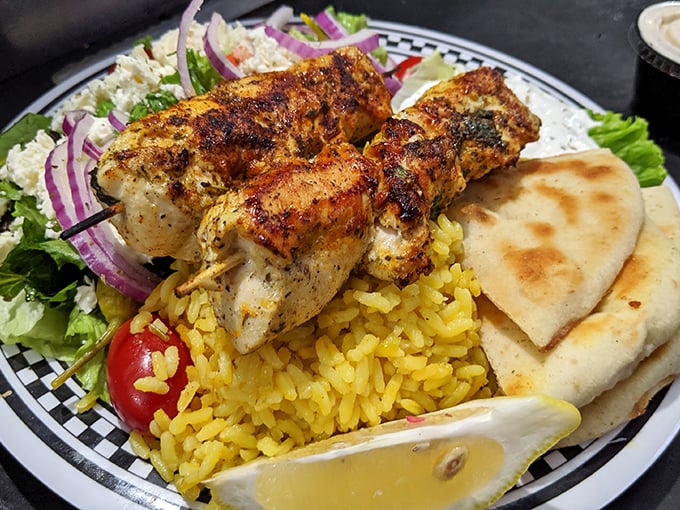 Mediterranean meets Maryland in this souvlaki plate—a vacation for your taste buds without the hassle of airport security.