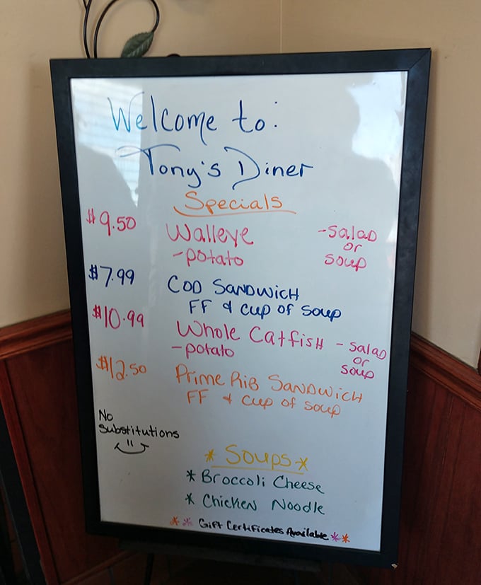 The specials board—where "diet starts tomorrow" decisions are made and walleye gets its moment in the spotlight alongside the soup du jour.