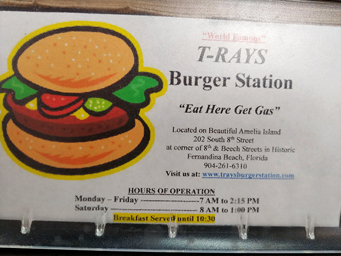 "Eat Here Get Gas"—the kind of honest advertising Madison Avenue could learn from. The world's most truthful slogan for a former filling station.