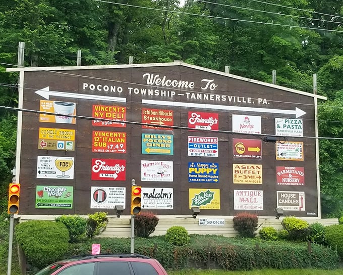 The "Welcome to Tannersville" sign – a roadside Rosetta Stone for visitors seeking everything from NY deli sandwiches to fireworks.
