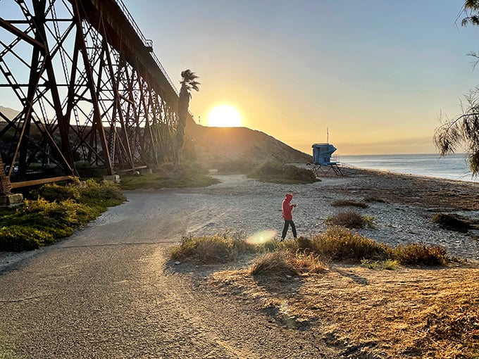 Sunset chasers are rewarded at Gaviota, where the day's finale turns the historic trestle into a silhouette worthy of a Hollywood ending.