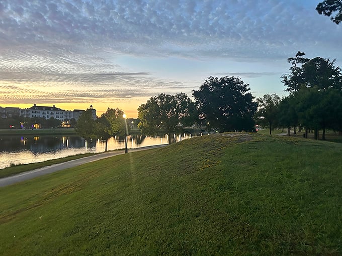 Sunset transforms the lake into a mirror of golden light—nature's way of saying "you've shopped enough, now enjoy this view."