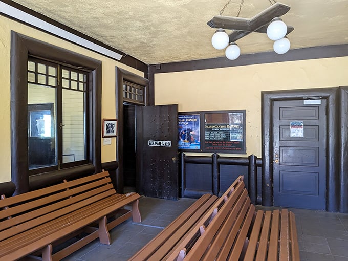Simple wooden benches and vintage fixtures transport waiting passengers to a simpler time. No airport security lines here—just anticipation and history.