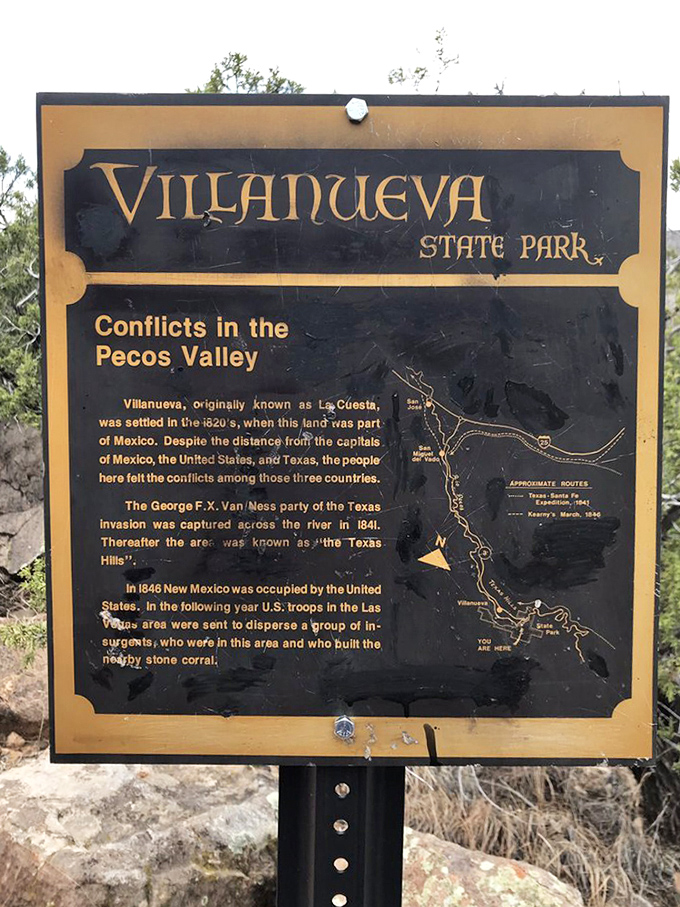 Historical marker revealing Villanueva's rich past, where three nations once contested this seemingly peaceful valley.