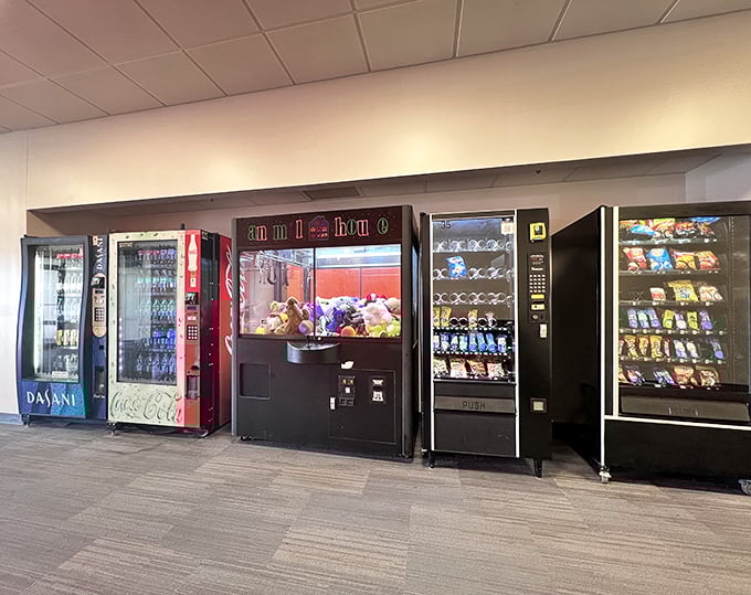 The vending machine lineup—retail's version of a pit stop. Fueling shoppers with caffeine and snacks for the next round of discount hunting.