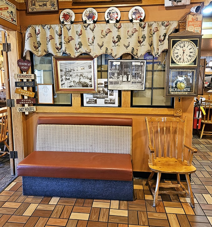 The waiting area tells stories of Placerville's past while you anticipate your future with pancakes. Those rooster curtains are pure country charm.