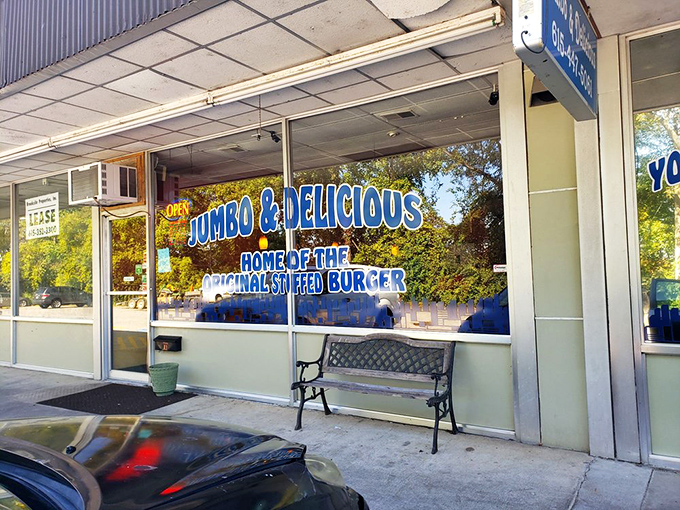 Home of the Original Stuffed Burger isn't just a slogan—it's a declaration of delicious intent. That bench outside has held many satisfied customers.