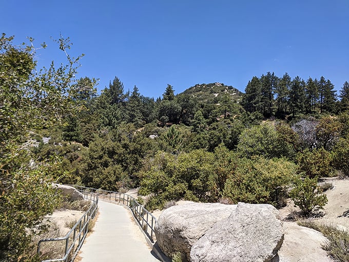 The path beckons with promises of discovery—a gentle ribbon of concrete guiding visitors through chaparral to vistas worth every step.