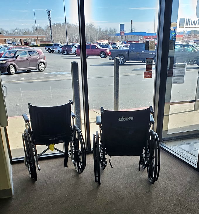 Wheelchairs wait by the entrance, available for shoppers who need them—because treasure hunting shouldn't require a marathon.