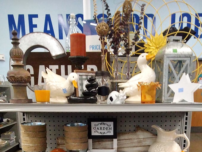 Whimsical white duck figurines and farmhouse décor await adoption. Garden-themed treasures that would cost triple at those fancy home stores with the scented candles.
