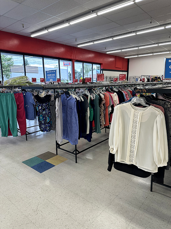 The clothing section: where yesterday's fashion finds tomorrow's admirers. That white blouse is practically whispering, "Take me home!"