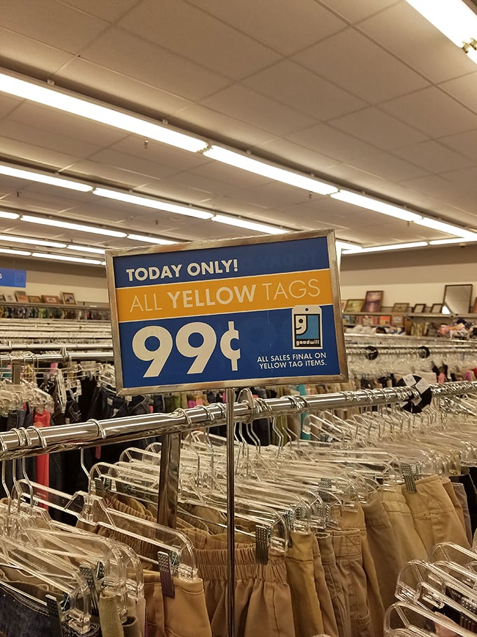 The yellow tag special—like winning a mini lottery! Ninety-nine cents for items that once cost twenty times more. Thrift shopping's golden ticket.