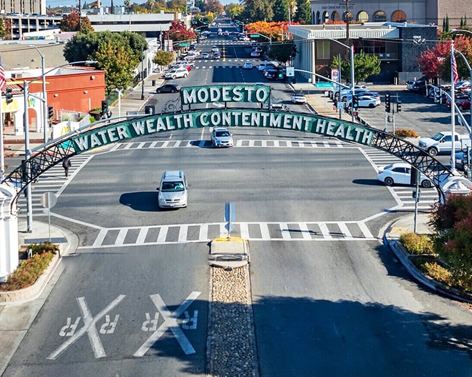 Modesto’s iconic arch welcomes visitors with the city’s timeless motto — a proud symbol of community, prosperity, and Central Valley spirit.
