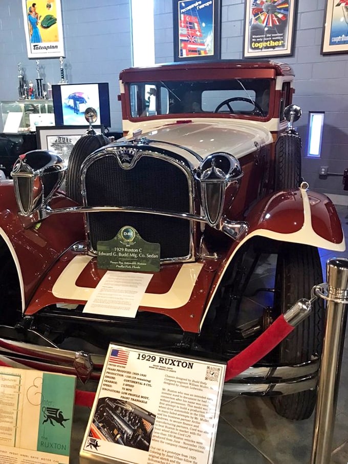 The 1929 Ruxton's two-tone burgundy and cream paint job screams Art Deco elegance. One of America's first front-wheel-drive production cars awaits admirers.