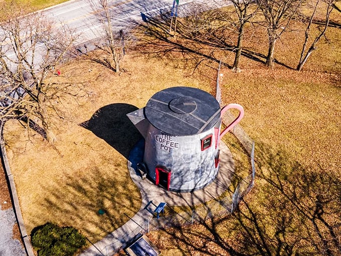 From above, the Coffee Pot's perfect circular design is revealed. Drone photography confirms what we suspected—it really is shaped like a coffee pot.