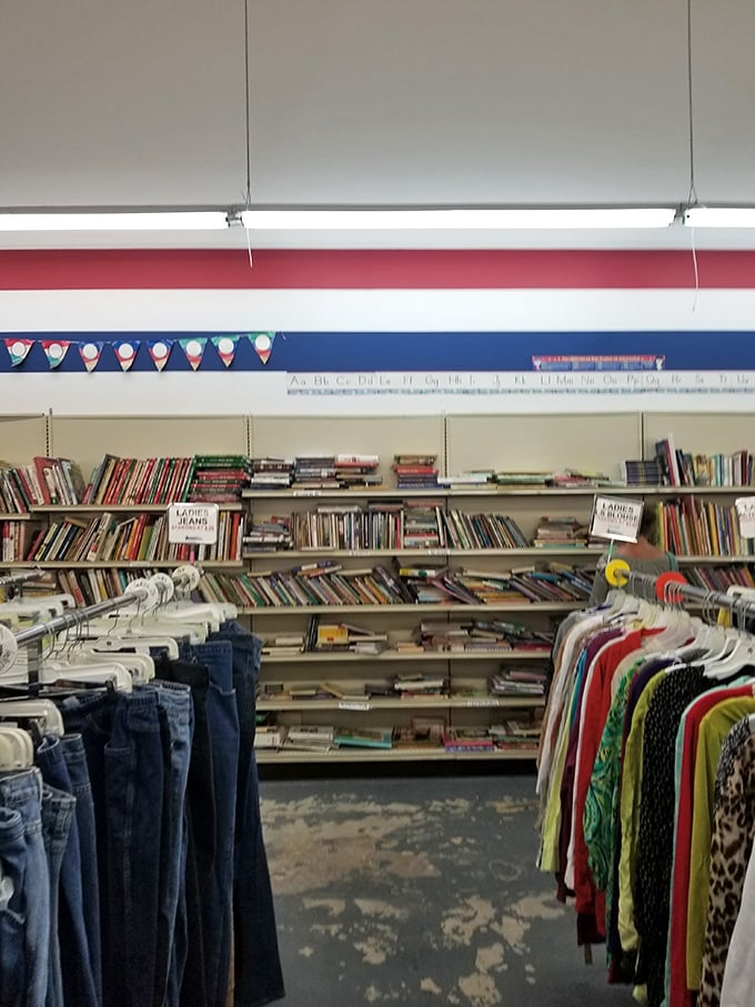 Books above, clothes below—the perfect metaphor for thrifting: feeding both mind and body without emptying the wallet.