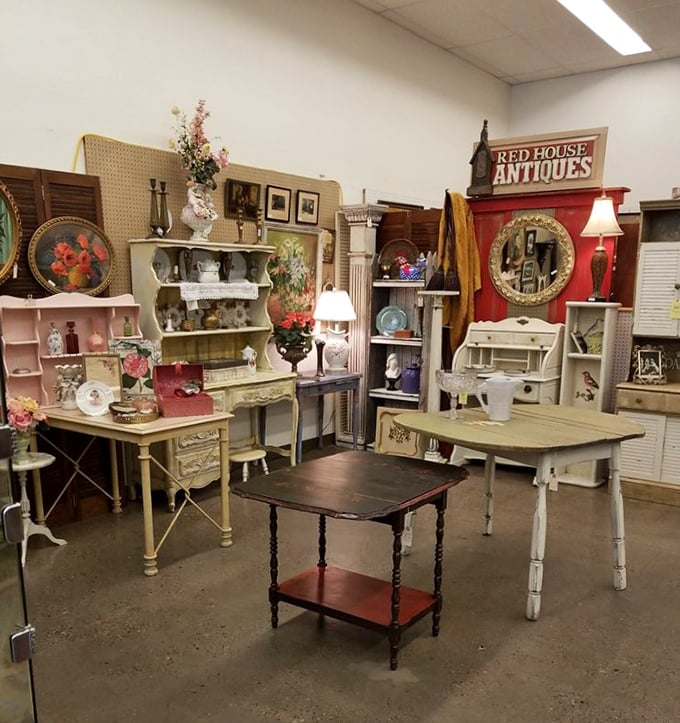 Shabby chic meets genuine antique in this elegant furniture display that would make any interior designer's heart skip a beat.