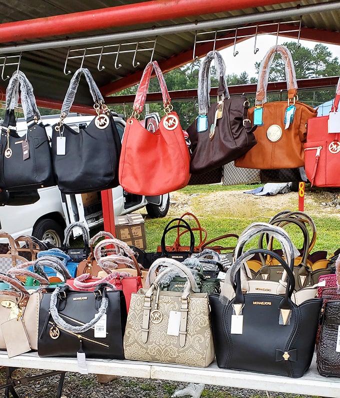 Designer bags hanging like expensive fruit—where savvy shoppers debate authenticity while secretly calculating how much they'd pay for that perfect brown tote.