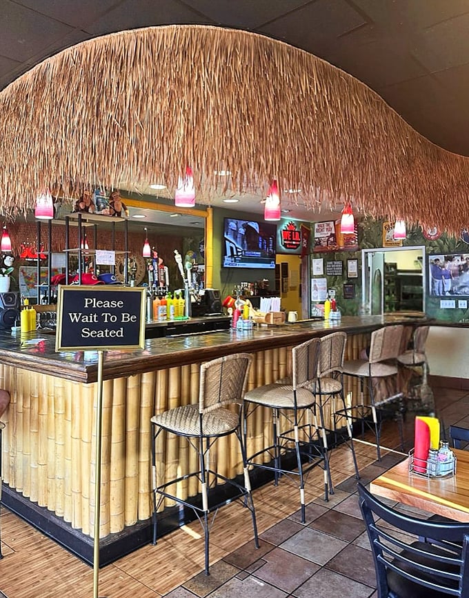 Thatched bar that makes ordering a beer feel like you've washed ashore on Burger Island after a delicious shipwreck.