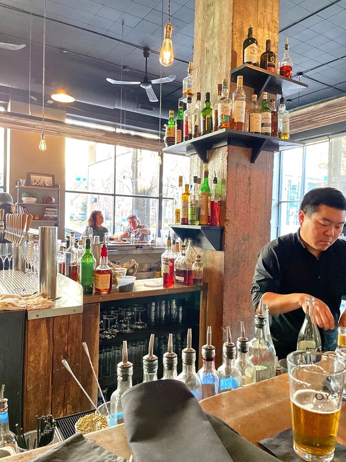 A bar stocked with possibilities. Those bottles aren't just spirits—they're supporting characters in your evening's delicious narrative.