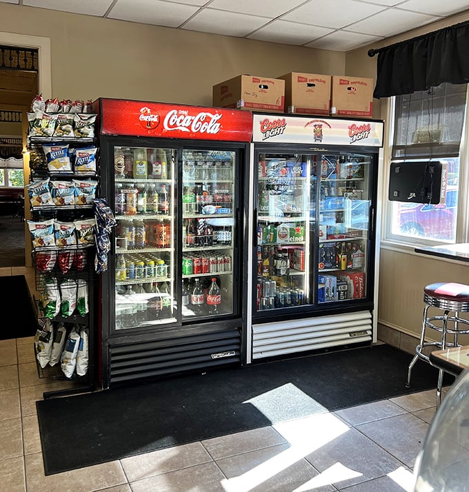 The beverage coolers stand ready like loyal soldiers, prepared to quench any thirst that might arise from tackling those legendary cheesesteaks.