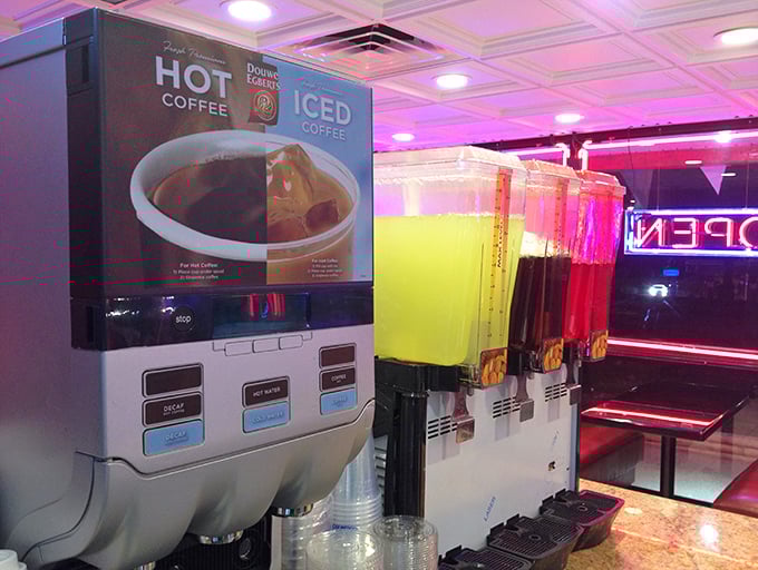 The beverage station—where decisions between coffee and fruit punch become philosophical questions about what your meal truly needs.