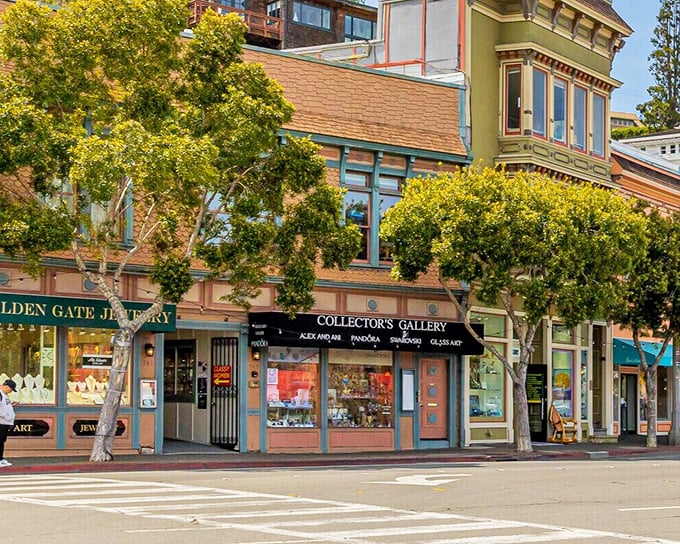 Colorful storefronts housing treasures from jewelry to art – Sausalito's shopping district is a browser's paradise.