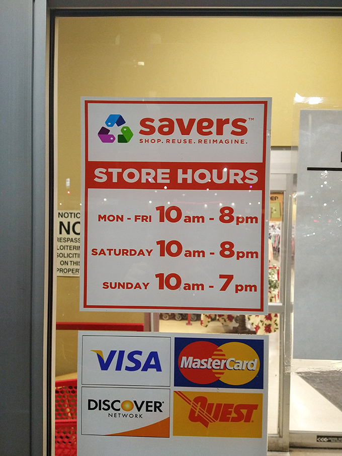 The store hours sign: your guide to planning strategic thrifting missions. Note these times – they're the keys to bargain kingdom.