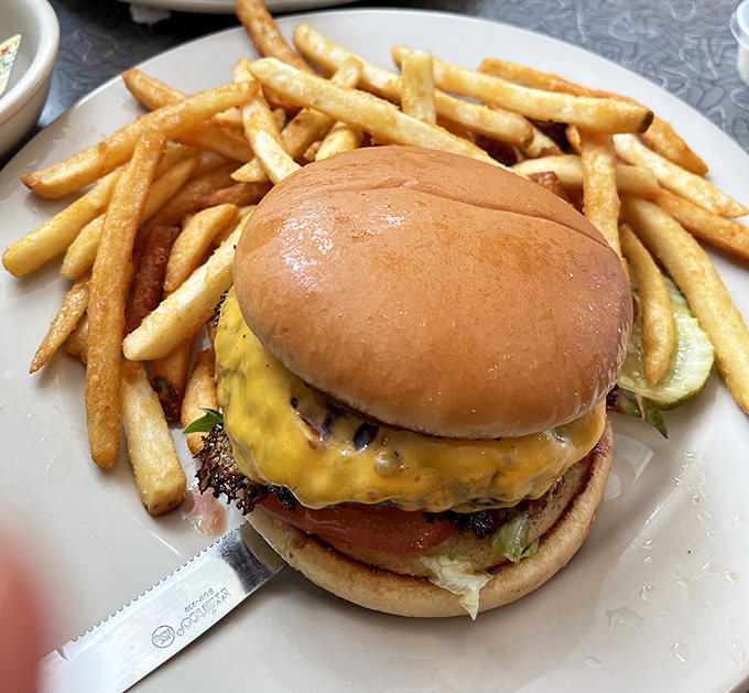 The cheeseburger that launched a thousand napkins—perfectly melted cheese cascading down a patty that means business.
