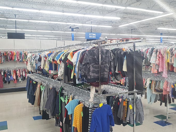 The children's clothing section, where tiny fashionistas get started early. Growing kids and shrinking budgets find perfect harmony in these racks.