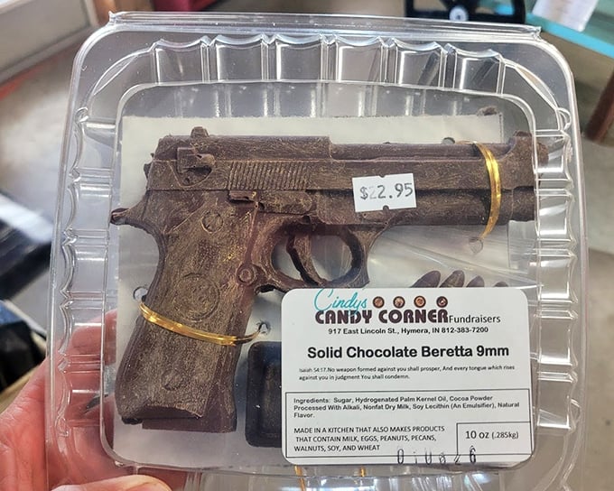 Even the chocolate gets fruity inspiration here—this cocoa firearm proves Indiana creativity extends well beyond oversized produce.