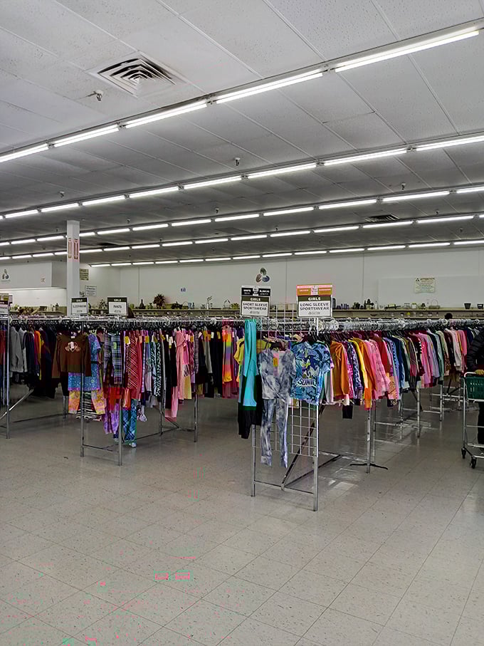 The clothing section: a rainbow of possibilities where fashion meets function, and yesterday's trends find tomorrow's appreciative owners.