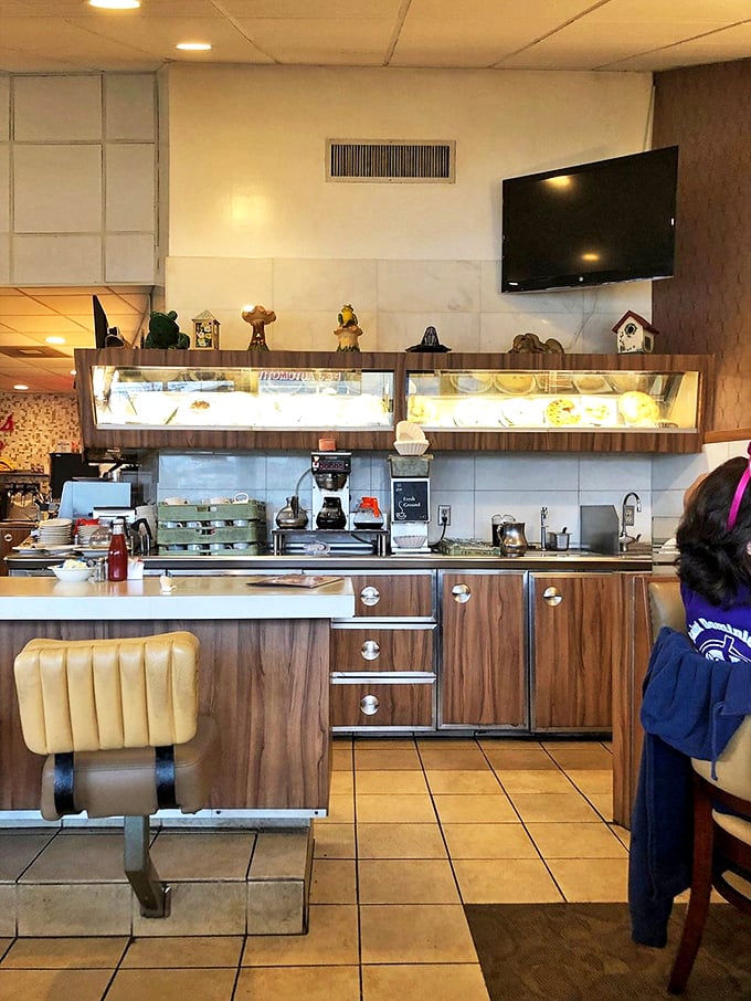 Retro wooden cabinetry and cozy counter seating—where coffee flows freely and breakfast decisions are contemplated with care.